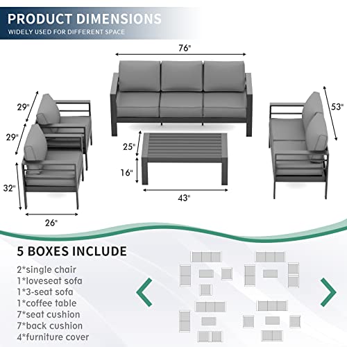 Amopatio Aluminum Patio Furniture Set, 8 Pieces Modern Patio Conversation Sets, Outdoor Sectional Metal Sofa with Cushion and Coffee Table for Balcony, Garden, Dark Grey (Included Waterproof Covers)