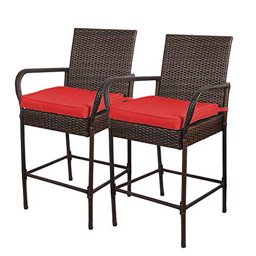 HARBOURSIDE Patio Wicker Bar and Stool Chairs, Outdoor Counter Height Stools Set of 2, All-Weather Dinning Chair with Red Cushion for Garden, Yard, Poolside, Brown Wicker and Steel Frame