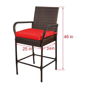 HARBOURSIDE Patio Wicker Bar and Stool Chairs, Outdoor Counter Height Stools Set of 2, All-Weather Dinning Chair with Red Cushion for Garden, Yard, Poolside, Brown Wicker and Steel Frame