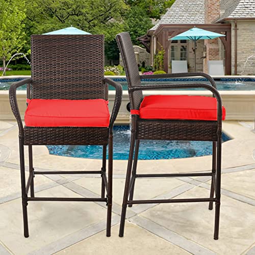 HARBOURSIDE Patio Wicker Bar and Stool Chairs, Outdoor Counter Height Stools Set of 2, All-Weather Dinning Chair with Red Cushion for Garden, Yard, Poolside, Brown Wicker and Steel Frame