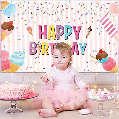 Ice Cream Birthday Party Backdrop Decorations Sweet Summer Ice Cream Party Favors for Kids Girls Boys Themed Happy Birthday Banner Baby Photography Background Photo Booth 70.8 x 43.3 inch