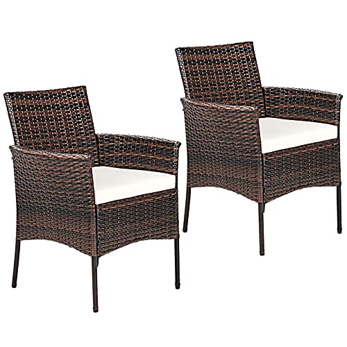 Tangkula 2 Pieces Patio Wicker Chair, Outdoor PE Rattan Armchairs with Removable Cushions, Patio Dining Resin Wicker Chairs for Garden, Poolside, Lawn, Porch and Backyard (Mix Brown)