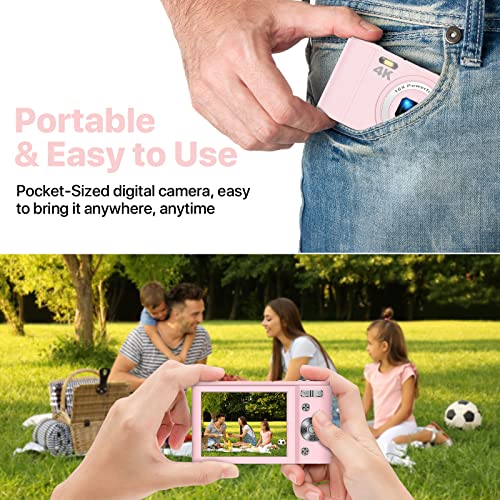 Digital Camera, 4K 48MP Vlogging Camera Compact Pocket Camera with 16X Zoom 32GB SD Card, Point and Shoot Camera for Adult Seniors Students Kids Beginner(Pink)