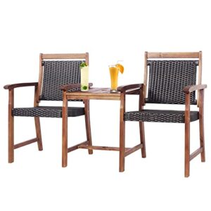 happygrill patio bistro set acacia wood loveseat chair with side table, 3 in 1 rattan wicker patio bench with umbrella hole for garden porch backyard