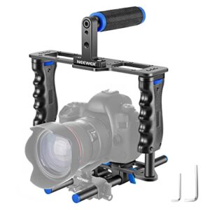 neewer camera video cage film movie making kit, aluminum alloy with top handle, dual hand grip, two 15mm rods, compatible with canon sony fujifilm nikon dslr camera and camcorder (black + blue)