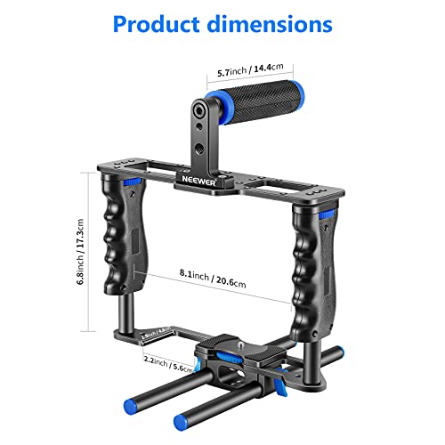 NEEWER Camera Video Cage Film Movie Making Kit, Aluminum Alloy with Top Handle, Dual Hand Grip, Two 15mm Rods, Compatible with Canon Sony Fujifilm Nikon DSLR Camera and Camcorder (Black + Blue)