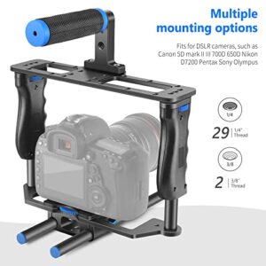 NEEWER Camera Video Cage Film Movie Making Kit, Aluminum Alloy with Top Handle, Dual Hand Grip, Two 15mm Rods, Compatible with Canon Sony Fujifilm Nikon DSLR Camera and Camcorder (Black + Blue)