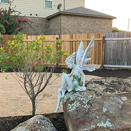 Anvirtue Sitting Fairy Statue Garden Angel Figurine Outdoor Decoration Waterproof Resin Garden Sculpture for Patio Yard Lawn Porch Art Ornament Housewarming Christmas Birthday Gift (White)