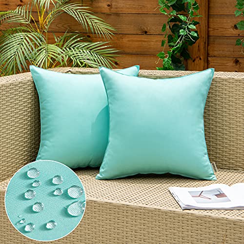 ANRODUO Pack of 2 Outdoor Waterproof Throw Pillow Covers Solid Decorative Garden Cushion Sham Outside Lumbar Square Pillowcase for Patio Tent Balcony Bench Tent Couch Sofa (18"x18", A-Light Green)