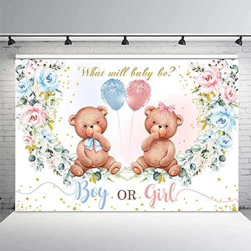 MEHOFOND 7x5ft Bear Gender Reveal Baby Shower Party Backdrop Boy or Girl Blush Pink Blue Floral Photography Background Party Decor Blue and Pink Balloons Gold Confetti Photobooth