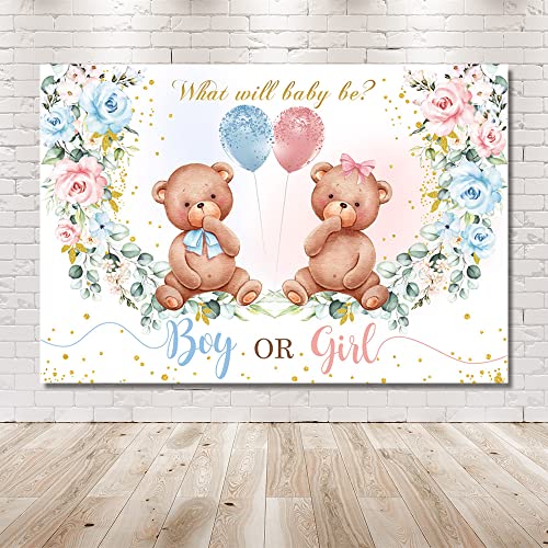 MEHOFOND 7x5ft Bear Gender Reveal Baby Shower Party Backdrop Boy or Girl Blush Pink Blue Floral Photography Background Party Decor Blue and Pink Balloons Gold Confetti Photobooth