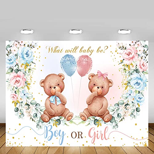 MEHOFOND 7x5ft Bear Gender Reveal Baby Shower Party Backdrop Boy or Girl Blush Pink Blue Floral Photography Background Party Decor Blue and Pink Balloons Gold Confetti Photobooth