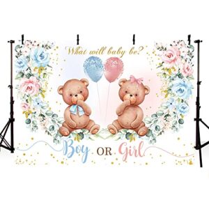 MEHOFOND 7x5ft Bear Gender Reveal Baby Shower Party Backdrop Boy or Girl Blush Pink Blue Floral Photography Background Party Decor Blue and Pink Balloons Gold Confetti Photobooth