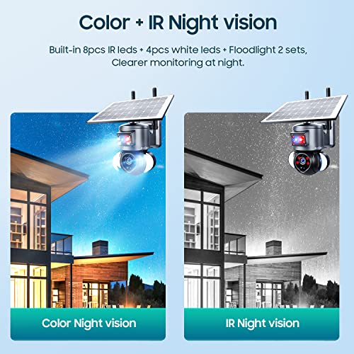 anicanon Solar Security Cameras Wireless Outdoor,Remote 2K WiFi 360° View Wireless Solar Powered Cameras for Home,PIR Motion Sensor Flood Light with Siren,Color Night Vision