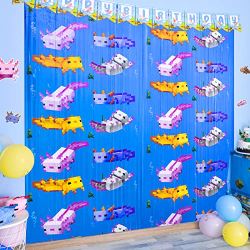 Bupelo Pixel Game Themed Party Supplies,2 Packs of Axolotl Tinsel Foil Fringe Curtains, Miner Themed Photo Booth Prop Backdrop Streamer, Axolotl Birthday Party Decorations, Room Decor for Kids