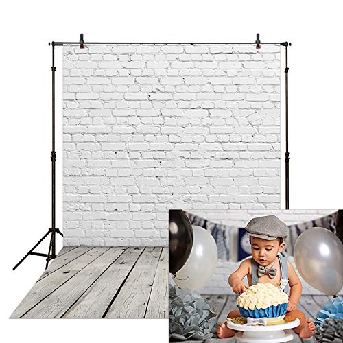 Allenjoy Fabric 5x7FT White Brick Wall with Wooden Floor Photography Backdrops Photo Background for Newborn Baby Photoshoot Photographer Props