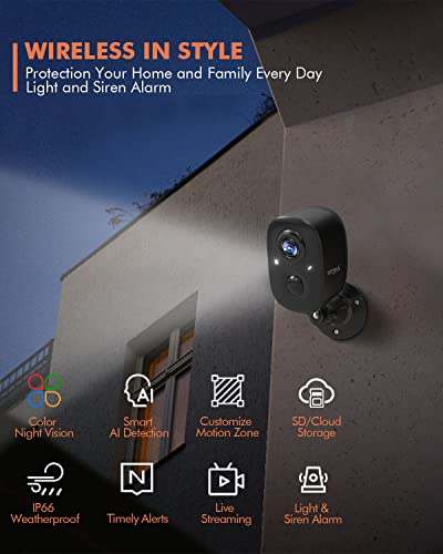 Dzees Security Camera Outdoor Wireless - Battery Powered WiFi Outdoor Camera Wireless, Spotlight, Siren, AI Dectection, Color Night Vision, IP66 Waterproof Cloud/SD-Black