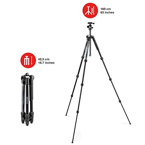 Manfrotto Element MII MKELMII4BK-BH, Lightweight Aluminium Travel Camera Tripod, with Carry Bag, Arca-Compatible Ball Head, 4-Section Legs, Twist Locks, Load up 8kg, for Mirrorless, DSLR