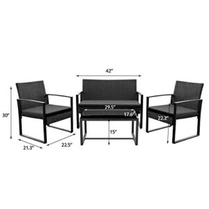 JUMMICO 4 Piece Patio Set Outdoor Rattan Chairs with Cushion & Table Metal Bistro Conversation Sets Modern Porch Furniture for Garden, Balcony, Poolside (Black)