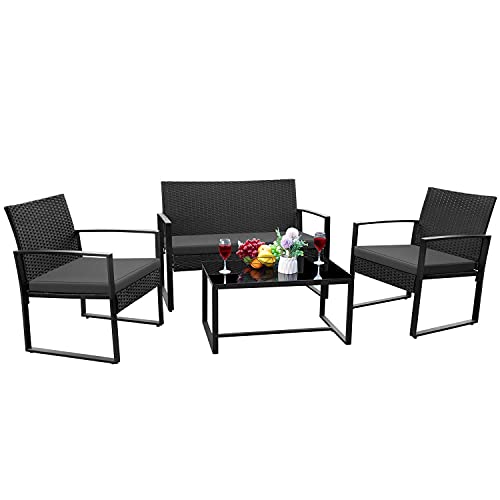 JUMMICO 4 Piece Patio Set Outdoor Rattan Chairs with Cushion & Table Metal Bistro Conversation Sets Modern Porch Furniture for Garden, Balcony, Poolside (Black)