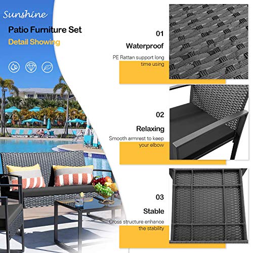 JUMMICO 4 Piece Patio Set Outdoor Rattan Chairs with Cushion & Table Metal Bistro Conversation Sets Modern Porch Furniture for Garden, Balcony, Poolside (Black)