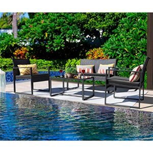 JUMMICO 4 Piece Patio Set Outdoor Rattan Chairs with Cushion & Table Metal Bistro Conversation Sets Modern Porch Furniture for Garden, Balcony, Poolside (Black)