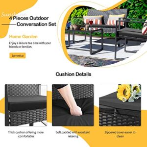 JUMMICO 4 Piece Patio Set Outdoor Rattan Chairs with Cushion & Table Metal Bistro Conversation Sets Modern Porch Furniture for Garden, Balcony, Poolside (Black)