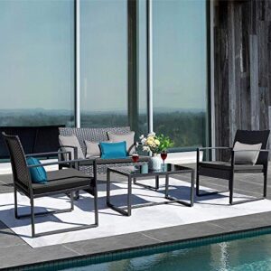 JUMMICO 4 Piece Patio Set Outdoor Rattan Chairs with Cushion & Table Metal Bistro Conversation Sets Modern Porch Furniture for Garden, Balcony, Poolside (Black)