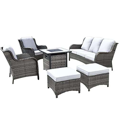 XIZZI Patio Furniture Set Outdoor Conversation Sofa with 30 Inch Square Propane Fire Pit Table All Weather PE Rattan Wicker High Back Outside Couch for Deck and Backyard,Grey Wicker Grey Cushion