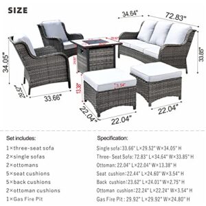 XIZZI Patio Furniture Set Outdoor Conversation Sofa with 30 Inch Square Propane Fire Pit Table All Weather PE Rattan Wicker High Back Outside Couch for Deck and Backyard,Grey Wicker Grey Cushion