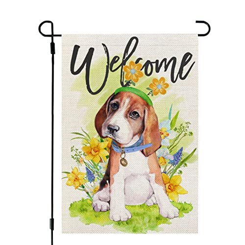 CROWNED BEAUTY Spring Dog Garden Flag Beagle Floral 12x18 Inch Double Sided for Outside Welcome Burlap Small Yard Holiday Decoration CF756-12