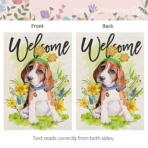 CROWNED BEAUTY Spring Dog Garden Flag Beagle Floral 12x18 Inch Double Sided for Outside Welcome Burlap Small Yard Holiday Decoration CF756-12