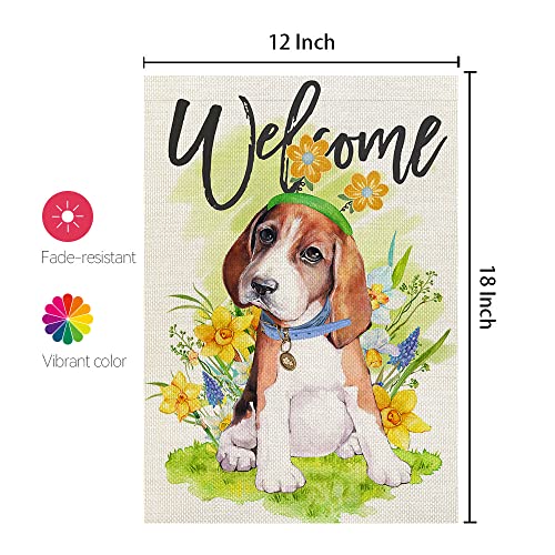 CROWNED BEAUTY Spring Dog Garden Flag Beagle Floral 12x18 Inch Double Sided for Outside Welcome Burlap Small Yard Holiday Decoration CF756-12