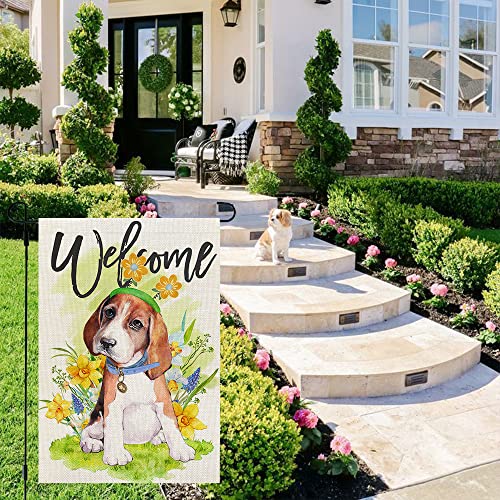 CROWNED BEAUTY Spring Dog Garden Flag Beagle Floral 12x18 Inch Double Sided for Outside Welcome Burlap Small Yard Holiday Decoration CF756-12