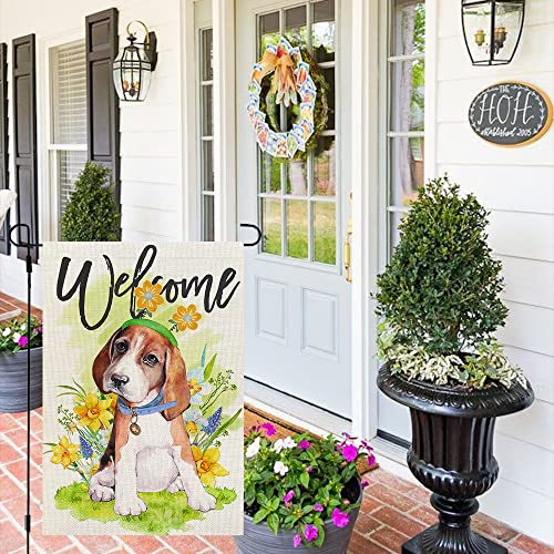 CROWNED BEAUTY Spring Dog Garden Flag Beagle Floral 12x18 Inch Double Sided for Outside Welcome Burlap Small Yard Holiday Decoration CF756-12