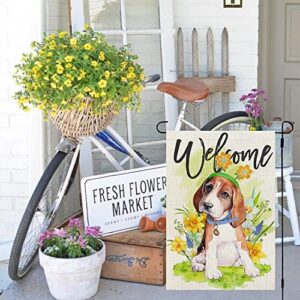 CROWNED BEAUTY Spring Dog Garden Flag Beagle Floral 12x18 Inch Double Sided for Outside Welcome Burlap Small Yard Holiday Decoration CF756-12