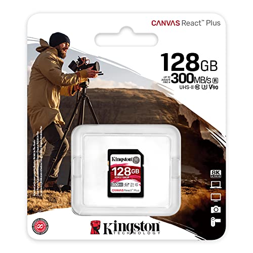 Kingston Canvas React Plus 128GB SD Card | SDXC UHS-II | 300R/260W U3 V90 | Full HD/4K/8K | SDR2/128GB