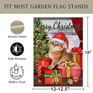 Artofy Merry Christmas Home Decorative Garden Flag, Xmas Tree Ornaments Gifts House Yard Cat Kitty Hat Outside Decor, Winter Holiday Farmhouse Outdoor Small Burlap Decoration Double Sided 12 x 18