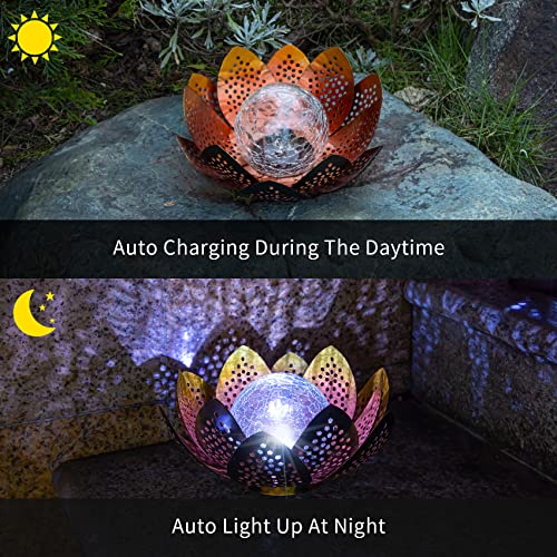 EGOBOO Metal Lotus Cracked Glass Globe Solar Outdoor Lights Garden Patio Lawn Mosaic Ball Powered Solar Lamps Outdoor Waterproof Landscape