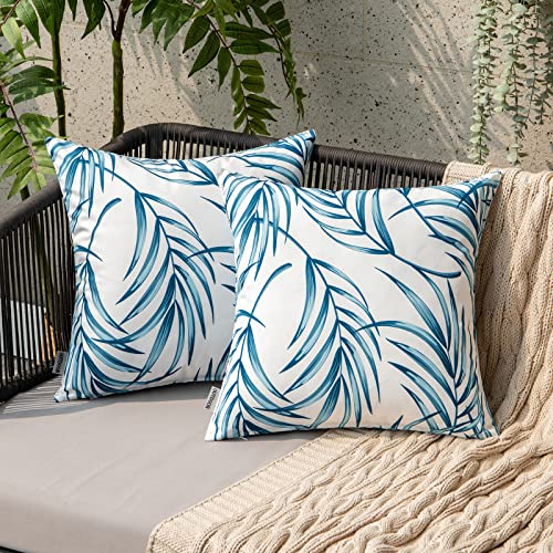 EMEMA Outdoor Waterproof Throw Pillow Covers Decorative Patio Pillow Cases Natural Leaves Tropical Spring Summer Square Cushion Shams Shell Garden Balcony Sunbrella Couch Pack of 2, 18x18 Inch Blue