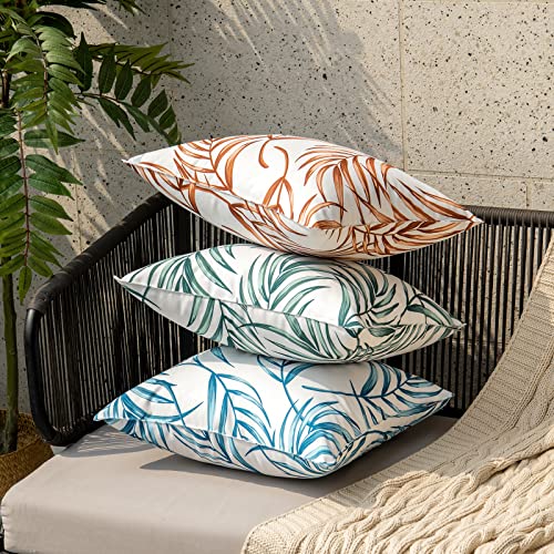 EMEMA Outdoor Waterproof Throw Pillow Covers Decorative Patio Pillow Cases Natural Leaves Tropical Spring Summer Square Cushion Shams Shell Garden Balcony Sunbrella Couch Pack of 2, 18x18 Inch Blue