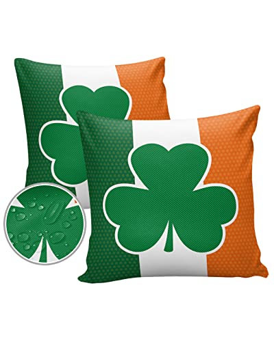 Vandarllin Outdoor Throw Pillows Covers 18X18 Set of 2 Waterproof Irish Flag Printed with Green Clover Leaf Decorative Zippered Lumbar Cushion Covers for Patio Furniture,