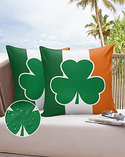 Vandarllin Outdoor Throw Pillows Covers 18X18 Set of 2 Waterproof Irish Flag Printed with Green Clover Leaf Decorative Zippered Lumbar Cushion Covers for Patio Furniture,