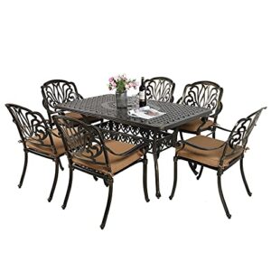 meetwarm 7-piece outdoor patio dining set, all-weather cast aluminum patio conversation set for backyard garden deck with 6 cushioned chairs, 1 rectangular table, 2″ umbrella hole, dark bronze