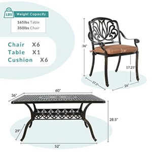 MEETWARM 7-Piece Outdoor Patio Dining Set, All-Weather Cast Aluminum Patio Conversation Set for Backyard Garden Deck with 6 Cushioned Chairs, 1 Rectangular Table, 2" Umbrella Hole, Dark Bronze