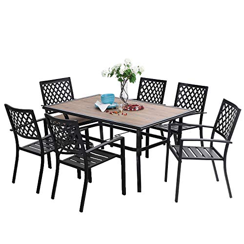 Sophia & William Patio Dining Set 7 Pieces Metal Outdoor Furniture Set, 6 x Metal Stackable Garden Chairs, 1 Patio Rectangle Umbrella Table Wood Like for Backyard Pool