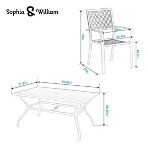 Sophia & William Patio Dining Set 7 Pieces Metal Outdoor Furniture Set, 6 x Metal Stackable Garden Chairs, 1 Patio Rectangle Umbrella Table Wood Like for Backyard Pool