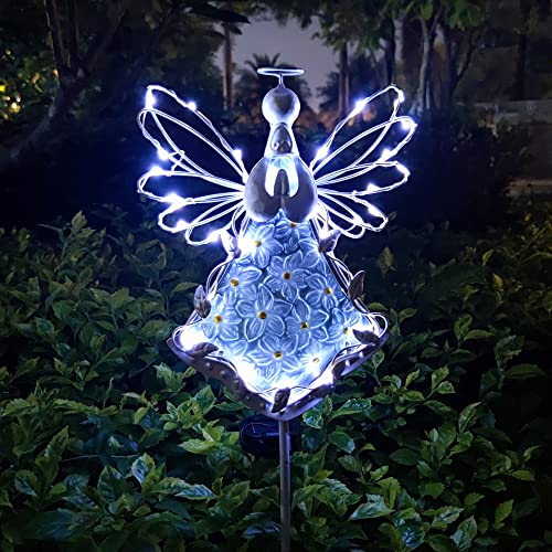 COOZZYHOUR 38Inch Angel Solar Garden Lights Outdoor Decorative -Metal&Glass Angel White Hydrangea Flower Stake Lights- Waterproof 30 Warm White LED for Remembrance Gifts & Sympathy Gifts