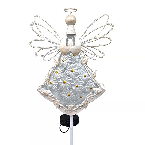 COOZZYHOUR 38Inch Angel Solar Garden Lights Outdoor Decorative -Metal&Glass Angel White Hydrangea Flower Stake Lights- Waterproof 30 Warm White LED for Remembrance Gifts & Sympathy Gifts