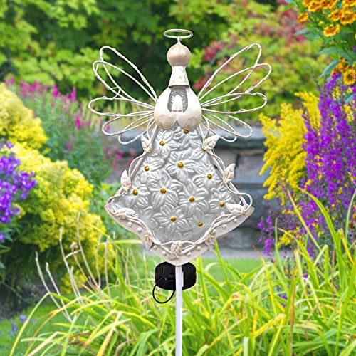 COOZZYHOUR 38Inch Angel Solar Garden Lights Outdoor Decorative -Metal&Glass Angel White Hydrangea Flower Stake Lights- Waterproof 30 Warm White LED for Remembrance Gifts & Sympathy Gifts